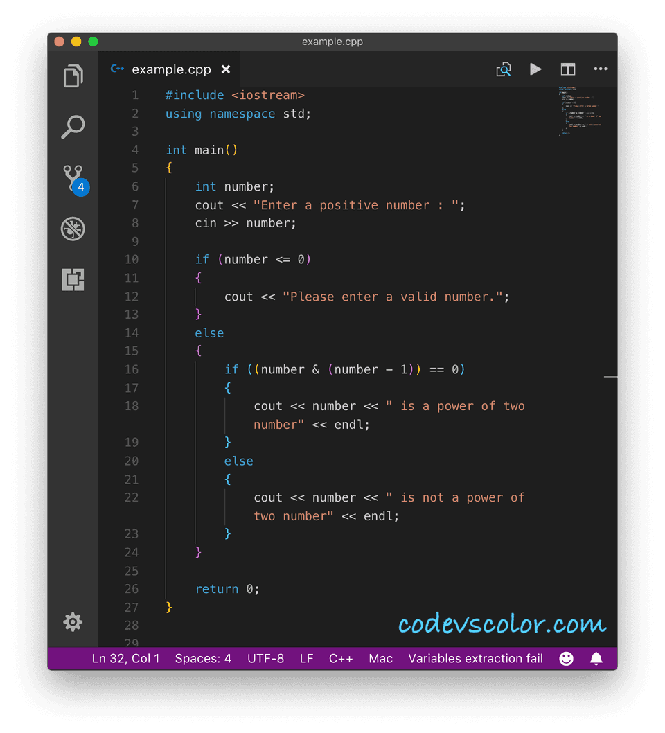 C++ program to check if a number is power of 2 or not using its binary - CodeVsColor
