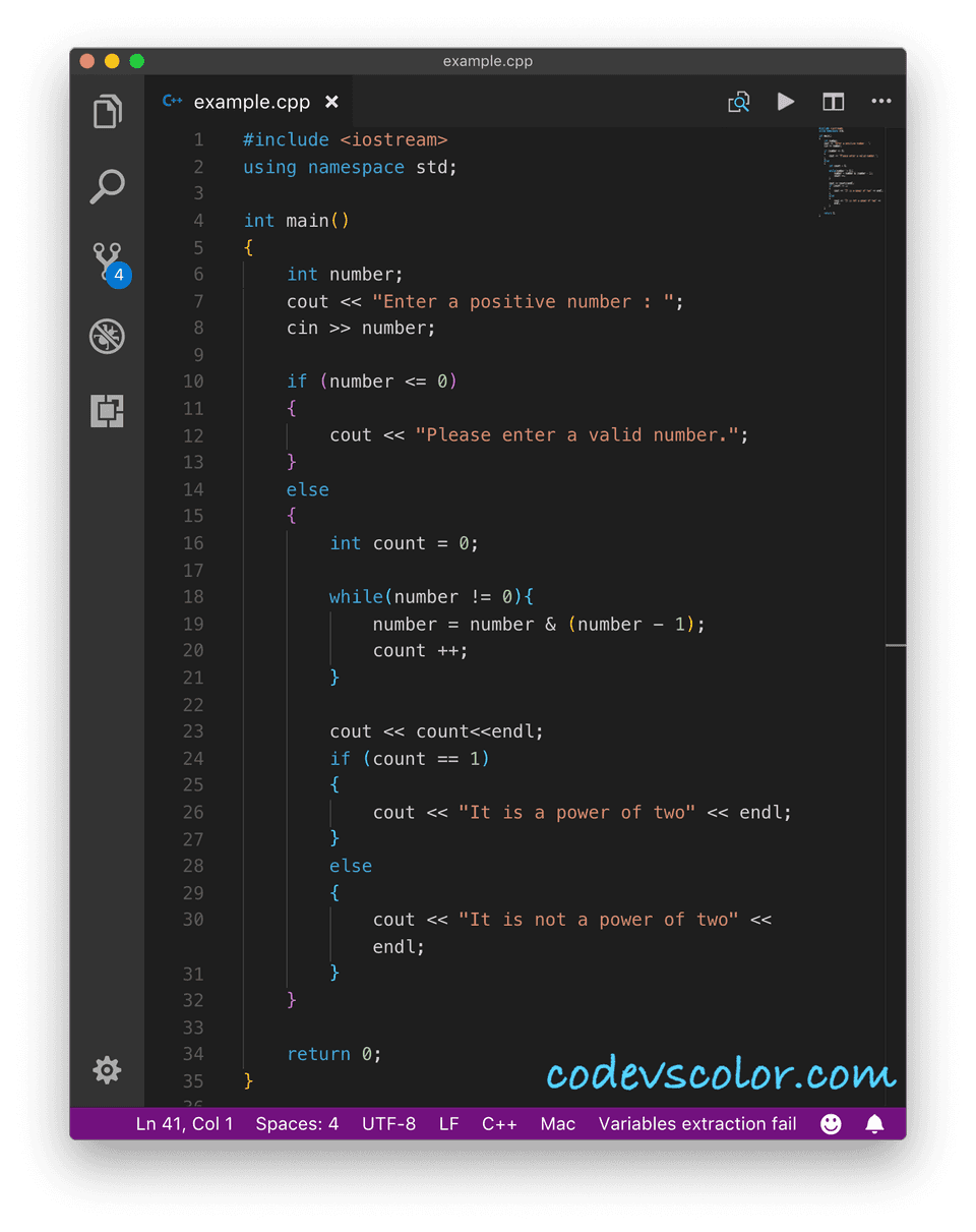 C++ program to check if a number is power of 2 or not using its binary - CodeVsColor