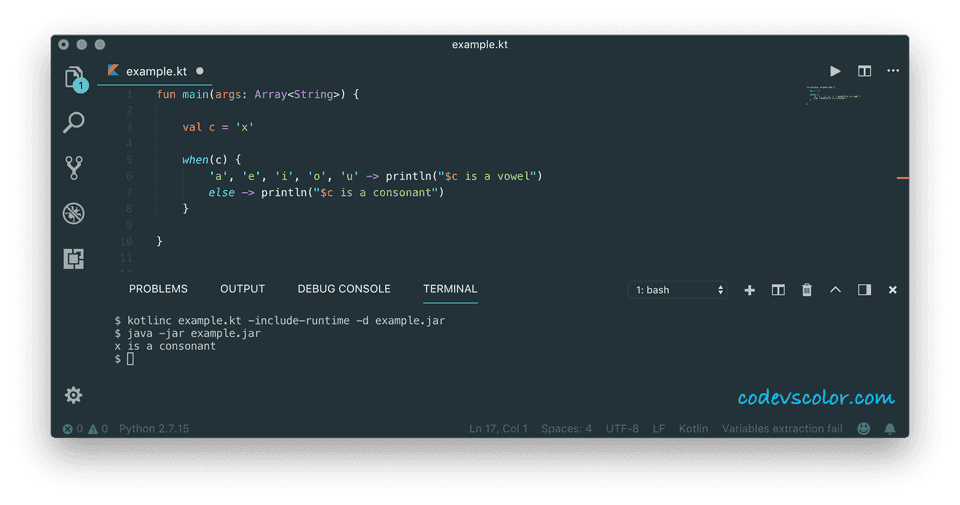 Kotlin program to check if an alphabet is vowel or not - CodeVsColor Kotlin program to check if an alphabet is vowel or not - CodeVsColor