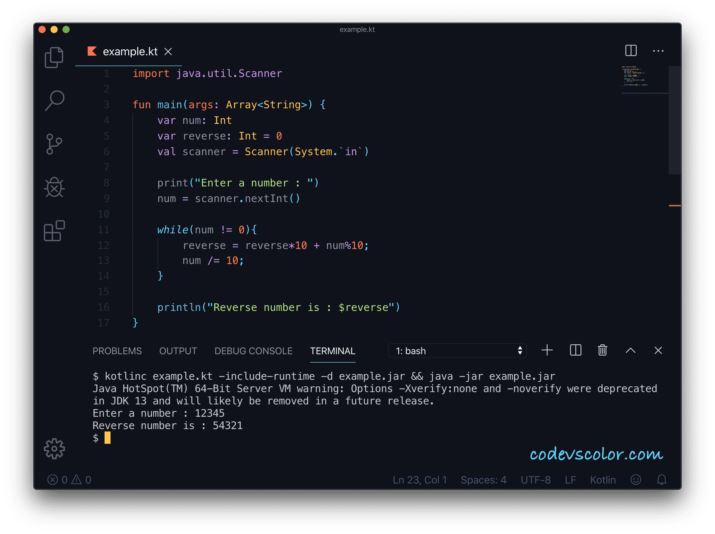 Kotlin example program to reverse a number - CodeVsColor Kotlin example program to reverse a number - CodeVsColor