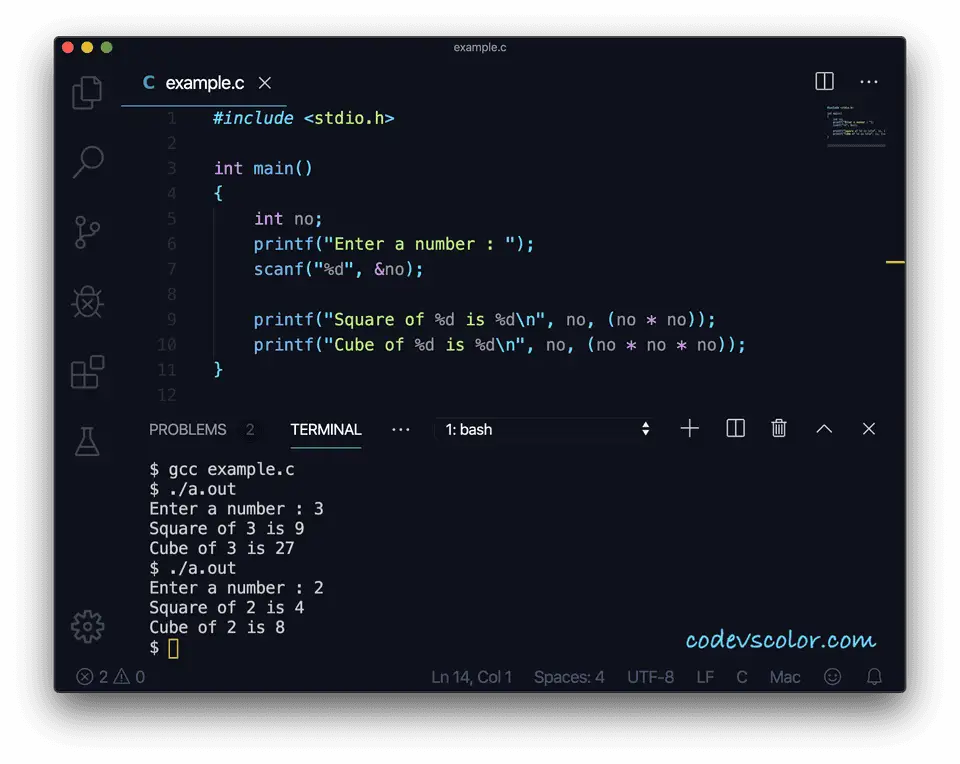 C Program To Find The Square And Cube Of A Number CodeVsColor