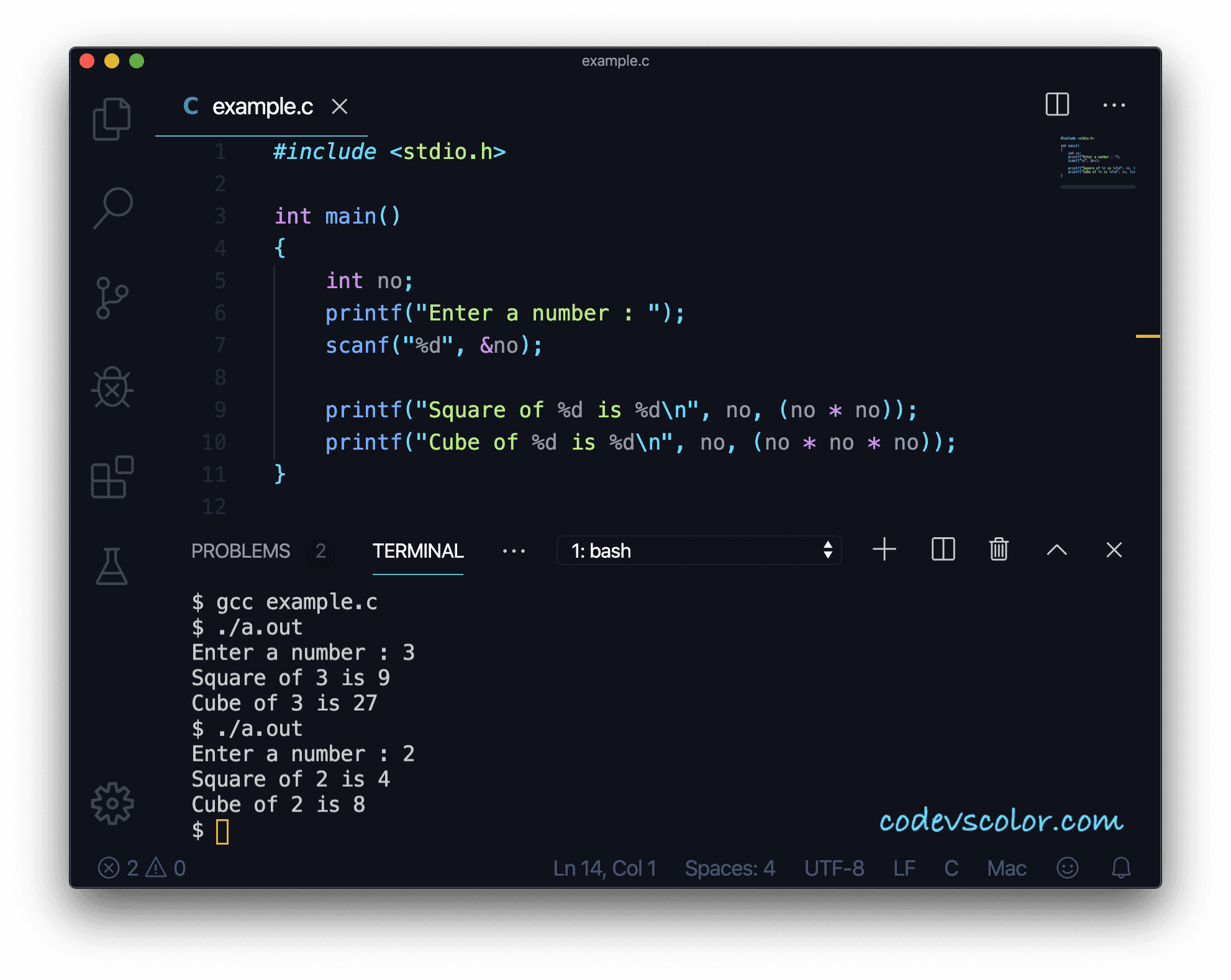 C Program To Find The Square And Cube Of A Number CodeVsColor