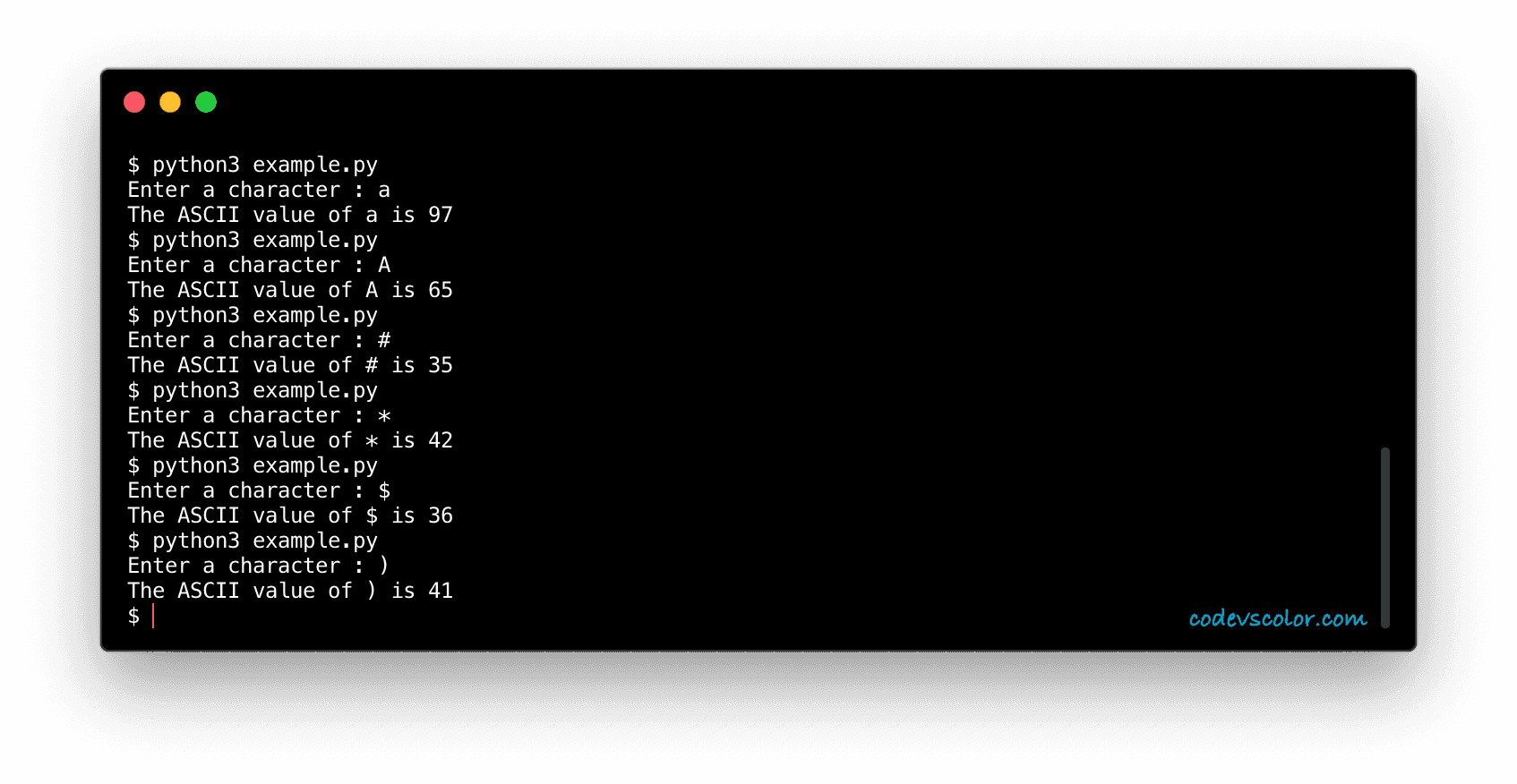 Python Program To Convert Character To Its ASCII Value CodeVsColor